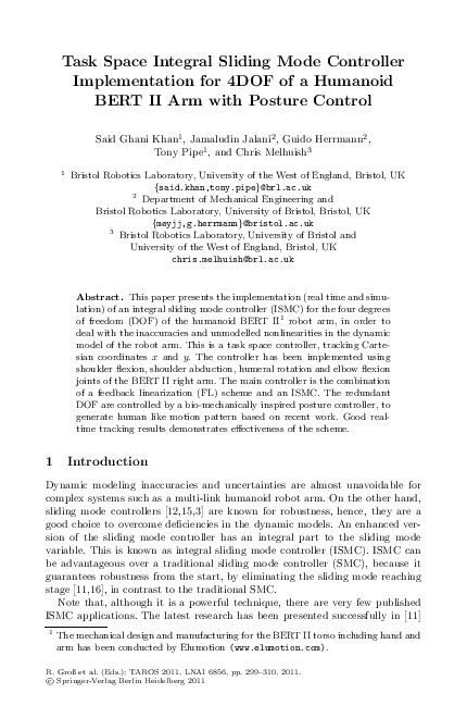 (PDF) Task Space Integral Sliding Mode Controller Implementation for 4DOF of a Humanoid BERT II ...