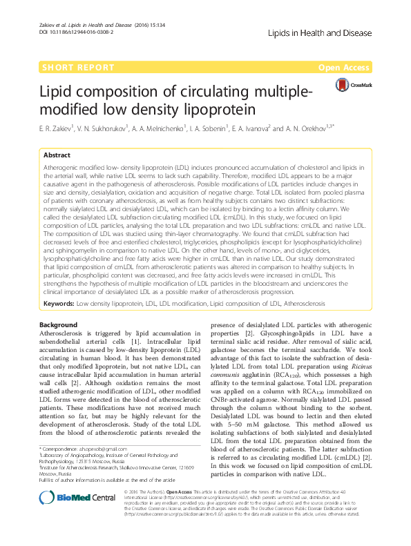 (PDF) Lipid composition of circulating multiple-modified low density ...