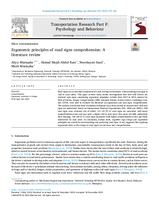 (PDF) Ergonomic principles of road signs comprehension: A literature review
