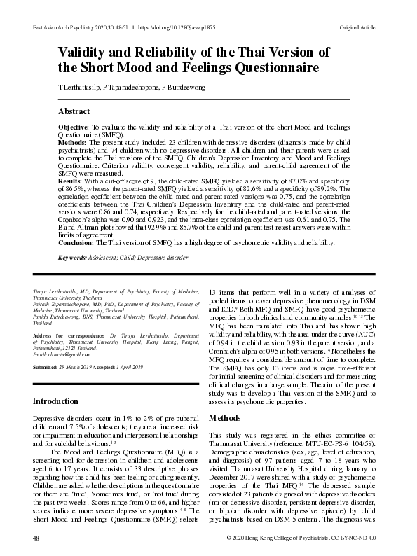 (PDF) Validity and Reliability of the Thai Version of the Short Mood and Feelings Questionnaire