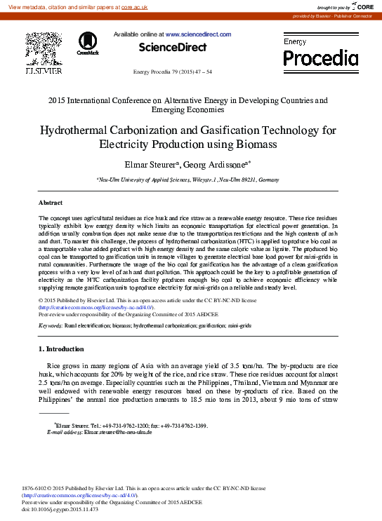 (PDF) Hydrothermal Carbonization and Gasification Technology for Electricity Production Using ...