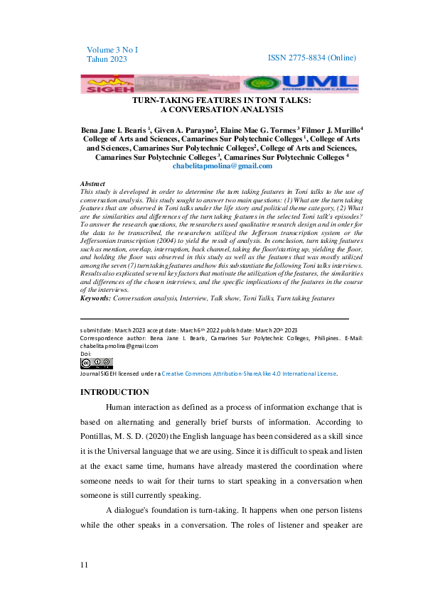 (PDF) Turn-Taking Features in Toni Talks: A Conversation Analysis