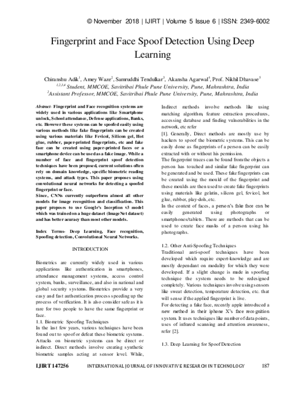 (PDF) Fingerprint and Face Spoof Detection using Deep Learning