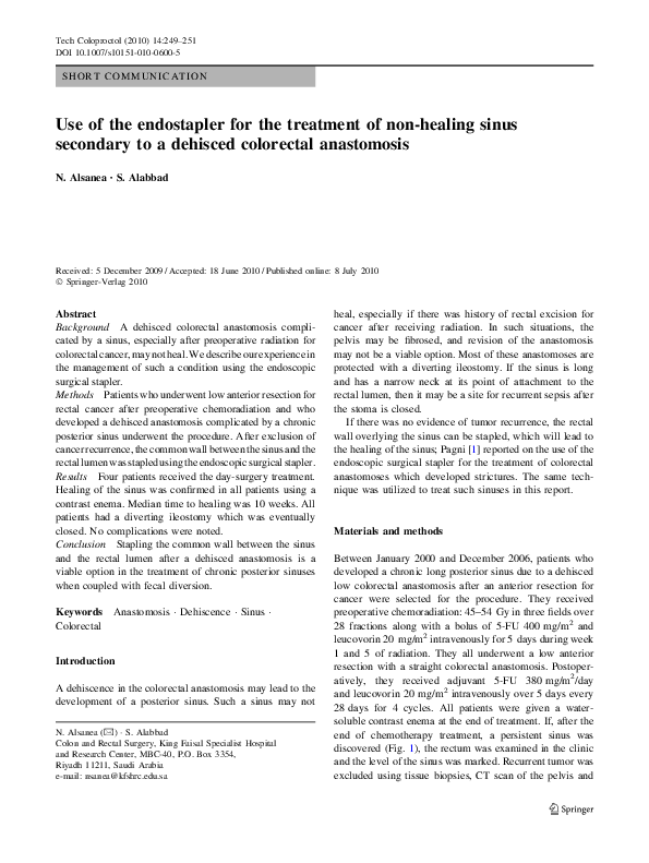 (PDF) Use of the endostapler for the treatment of non-healing sinus ...
