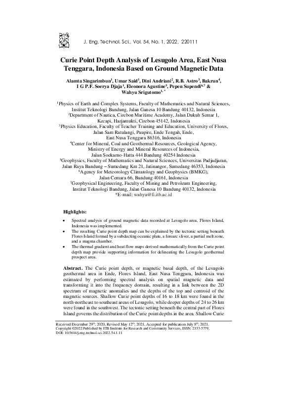 (PDF) Curie Point Depth Analysis of Lesugolo Area, East Nusa Tenggara ...