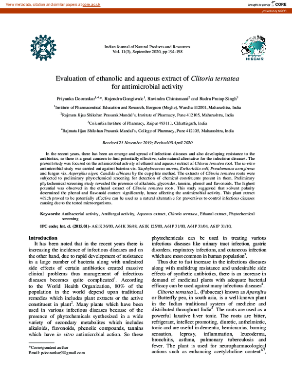 (PDF) Evaluation of ethanolic and aqueous extract of Clitoria ternatea for antimicrobial activity