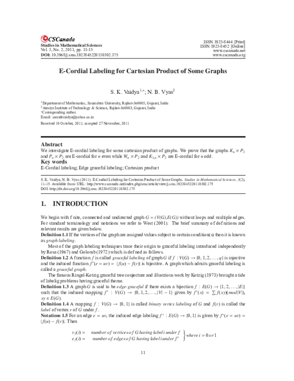 (PDF) E-Cordial Labeling for Cartesian Product of Some Graphs