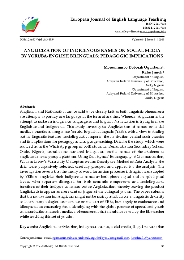(PDF) Anglicization of Indigenous Names on Social Media by Yoruba ...