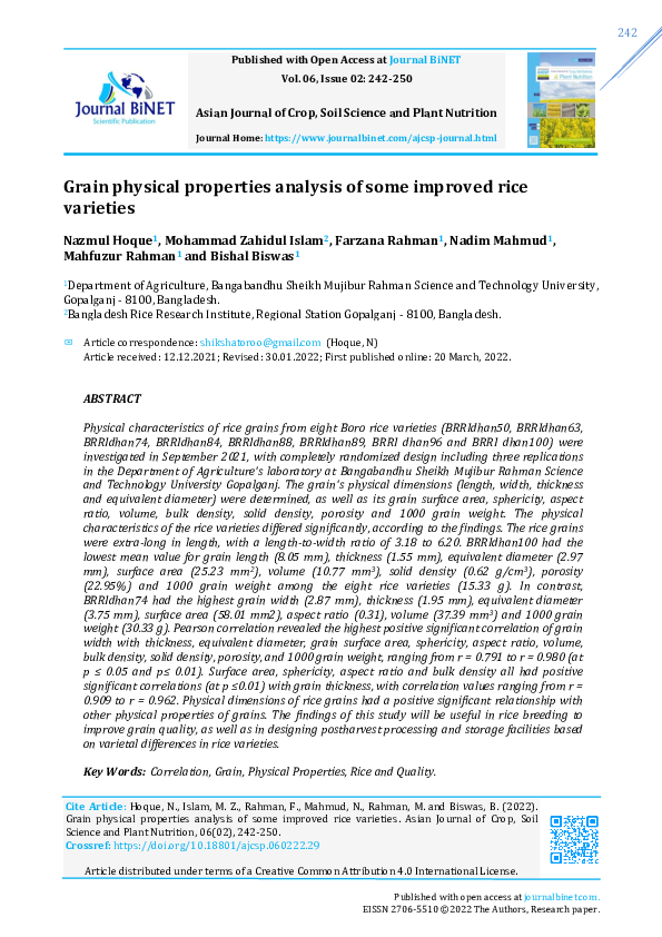 (PDF) Grain physical properties analysis of some improved rice varieties