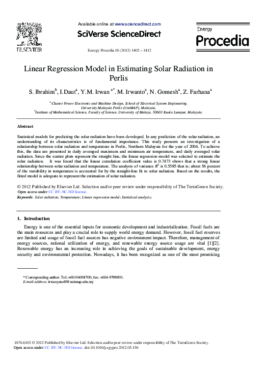 (PDF) Linear Regression Model in Estimating Solar Radiation in Perlis