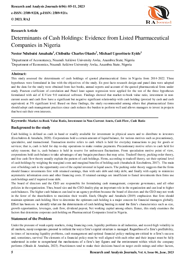(PDF) Determinants of Cash Holdings: Evidence from Listed ...