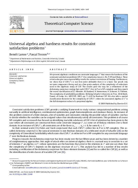 (PDF) Universal Algebra and Hardness Results for Constraint Satisfaction Problems