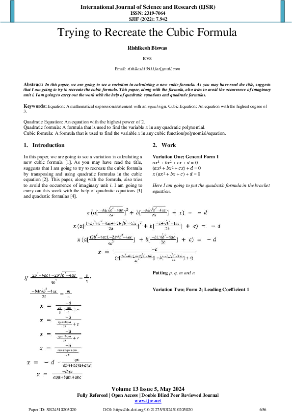 (PDF) Trying to Recreate the Cubic Formula