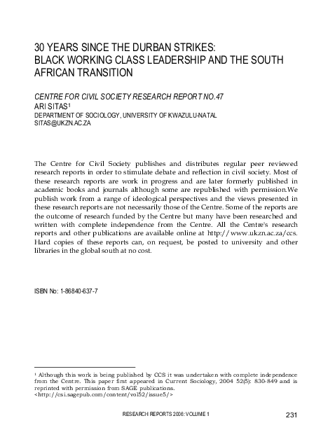 (PDF) Thirty Years Since the Durban Strikes: Black Working-Class ...