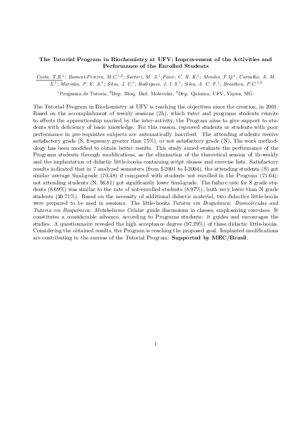 (PDF) The Tutorial Program in Biochemistry at UFV: Improvement of the ...