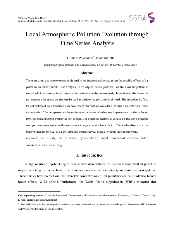 (PDF) Local Atmospheric Pollution Evolution through Time Series Analysis