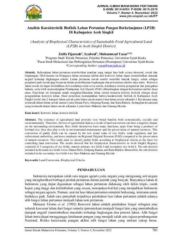 (PDF) Analisis Karakteristik Biofisik Lahan Pertanian Pangan Berkelanjutan (LP2B) Di Kabupaten ...