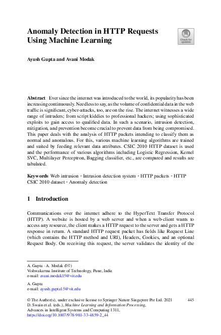(PDF) Anomaly Detection in HTTP Requests Using Machine Learning