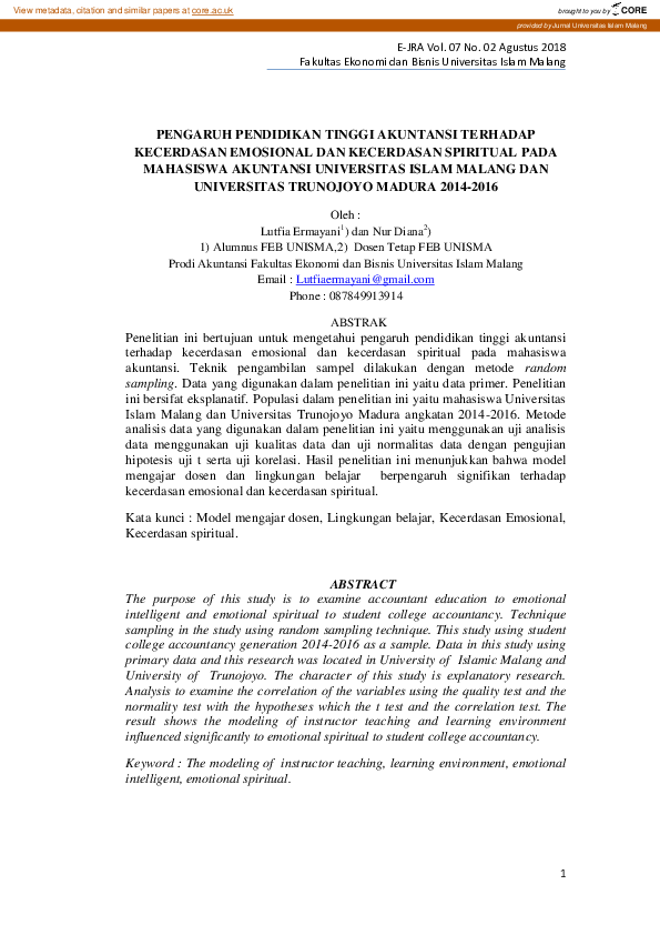 (PDF) Pengaruh Pendidikan Tinggi Akuntansi Terhadap Kecerdasan Emosional Dan Kecerdasan ...