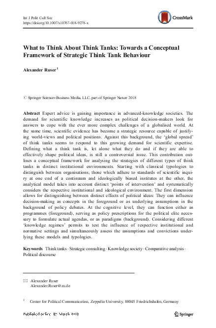 (PDF) What to Think about Think Tanks - Towards a Conceptual Framework ...