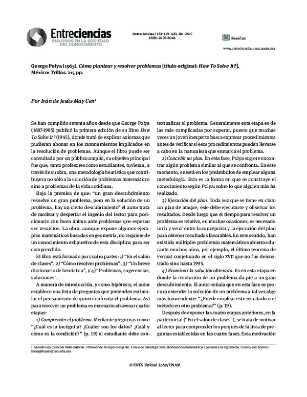 (PDF) George Polya (1965). Cómo plantear y resolver problemas [título ...