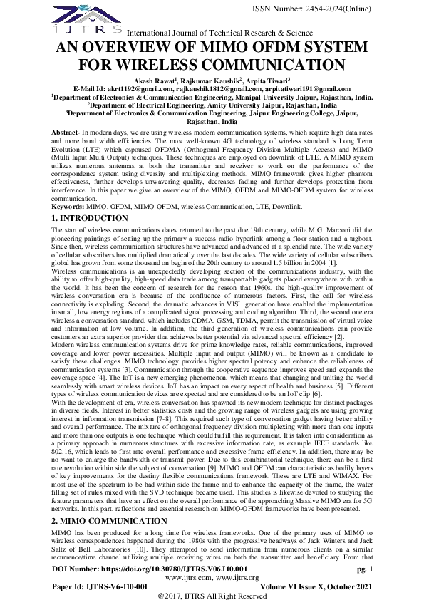 Pdf An Overview Of Mimo Ofdm System For Wireless Communication