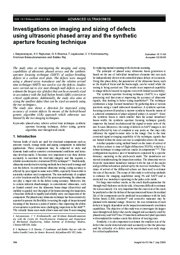 (PDF) Investigations on imaging and sizing of defects using ultrasonic phased array and the ...