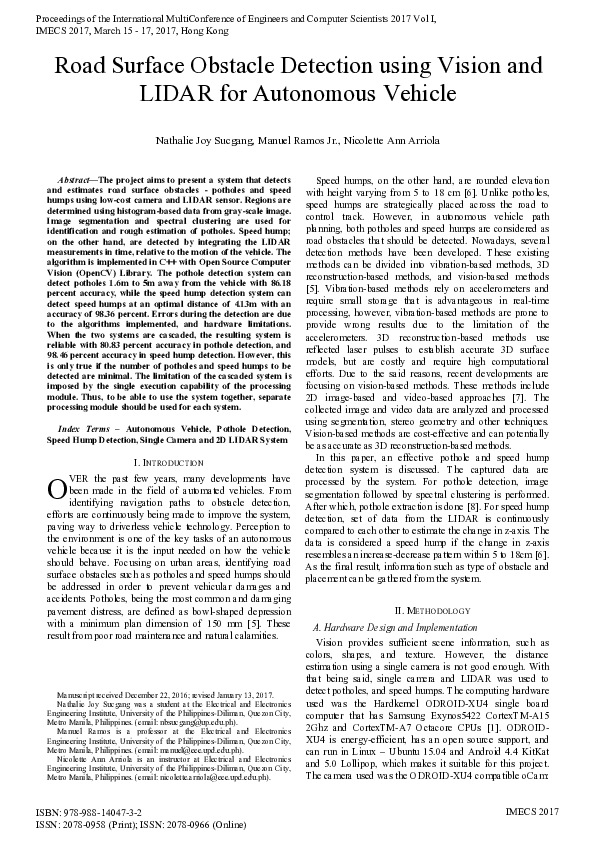 Pdf Road Surface Obstacle Detection Using Vision And Lidar For