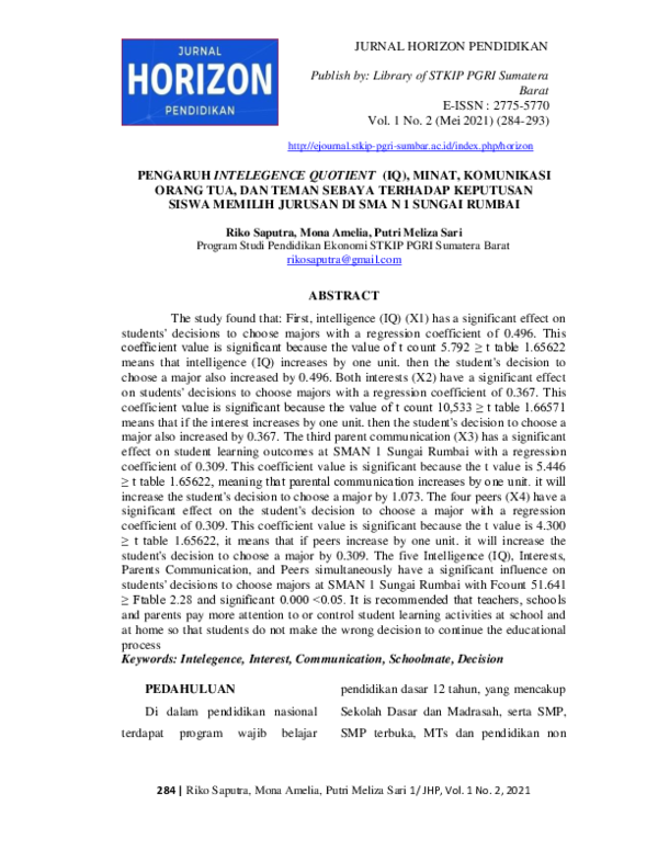(PDF) Pengaruh Intelegence Quotient, Minat, komunikasi orang tua, dan ...