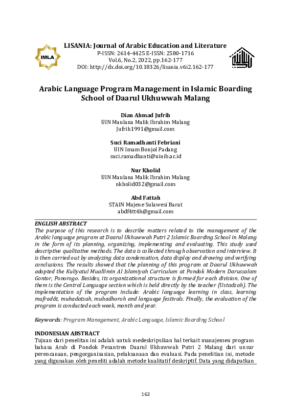 (PDF) Arabic Language Program Management in Islamic Boarding School of Daarul Ukhuwwah Malang