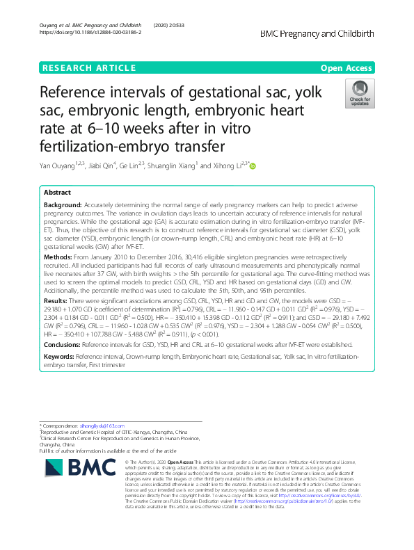 (PDF) Reference intervals of gestational sac, yolk sac and embryo ...