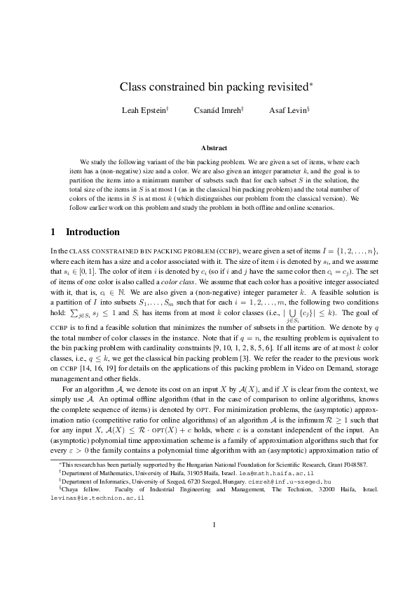 Pdf Class Constrained Bin Packing Revisited