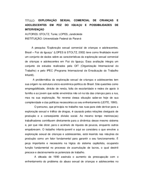 (PDF) Exploração Sexual Comercial De Crianças e Adolescentes Em Foz Do ...