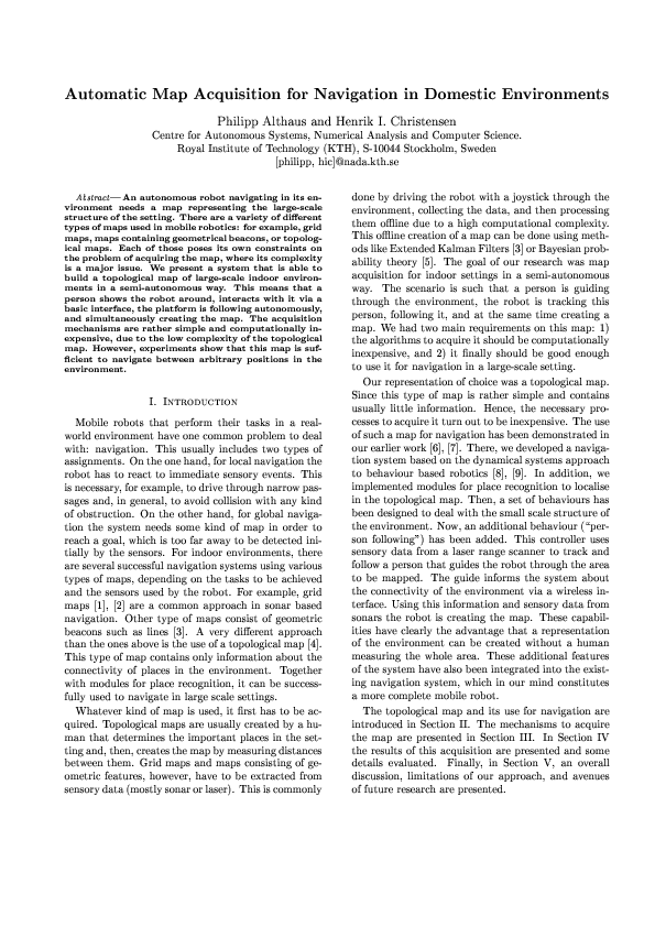 (PDF) Automatic Map Acquisition for Navigation In Domestic Environments