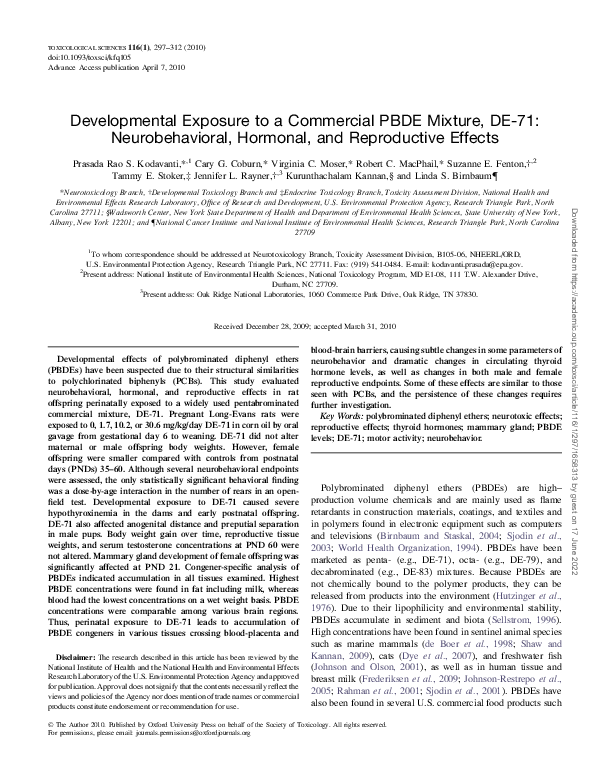 (PDF) Developmental Exposure to a Commercial PBDE Mixture, DE-71 ...