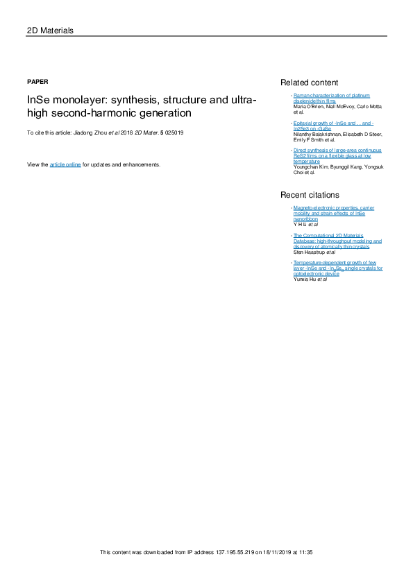 (PDF) InSe monolayer: synthesis, structure and ultra-high second ...
