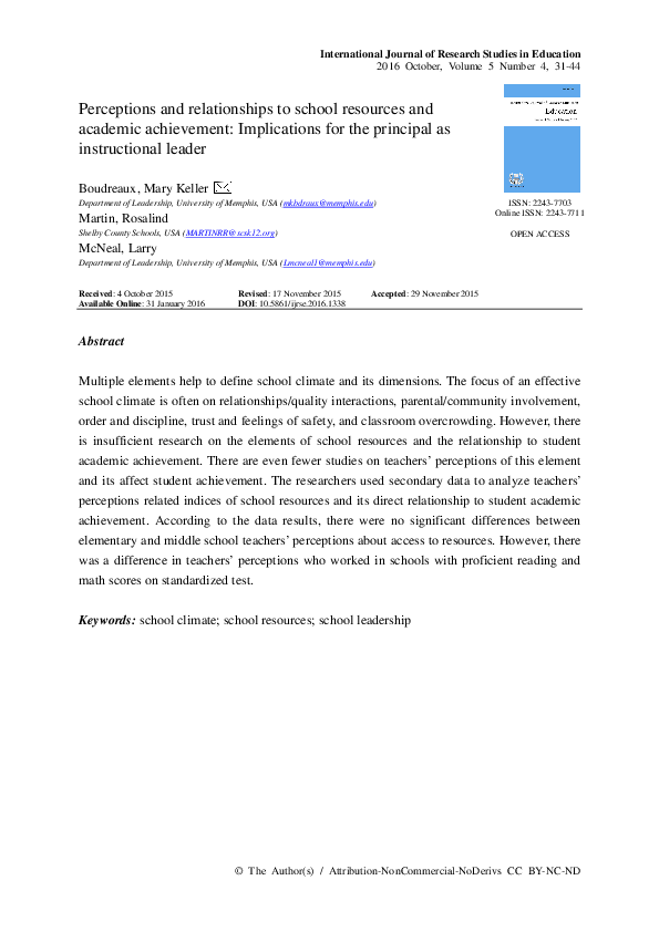 (PDF) Perceptions and relationships to school resources and academic achievement: Implications ...
