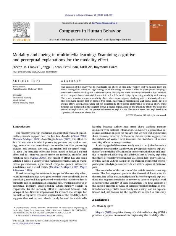 (PDF) Modality and cueing in multimedia learning: Examining cognitive and perceptual ...