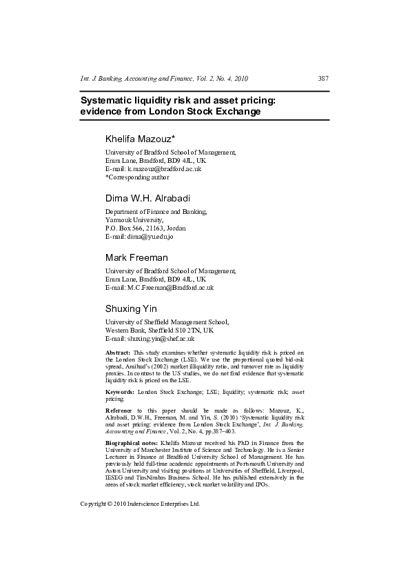 (PDF) Systematic liquidity risk and asset pricing: evidence from London ...