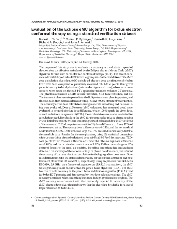 (PDF) Evaluation of the Eclipse eMC algorithm for bolus electron conformal therapy using a ...