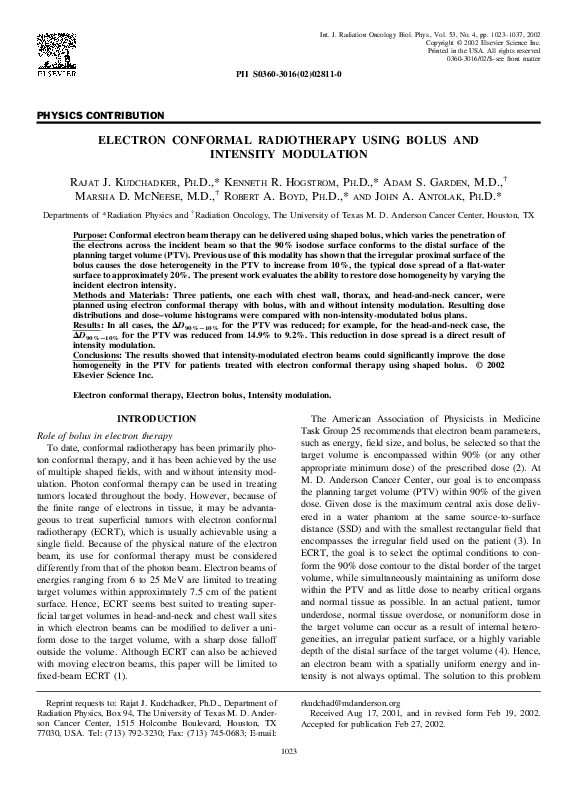 (PDF) Electron conformal radiotherapy using bolus and intensity modulation