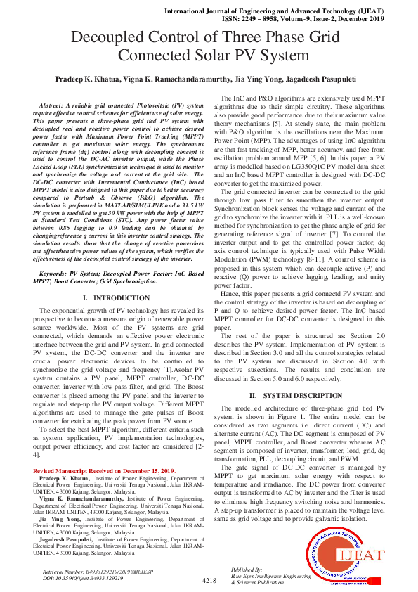 Pdf Decoupled Control Of Three Phase Grid Connected Solar Pv System