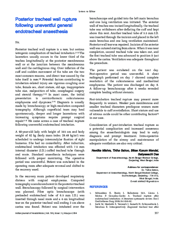 (PDF) Posterior tracheal wall rupture following uneventful general ...
