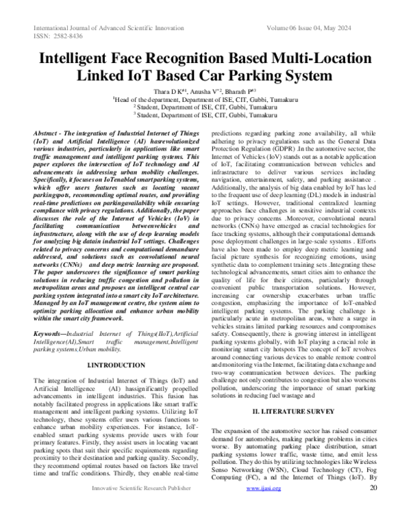 Pdf Intelligent Face Recognition Based Multi Location Linked Iot Based Car Parking System
