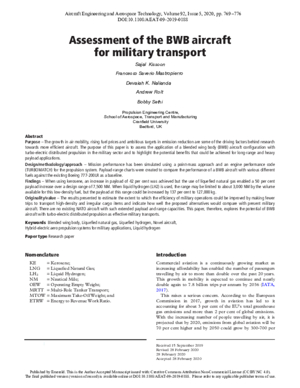(PDF) Assessment of the BWB aircraft for military transport