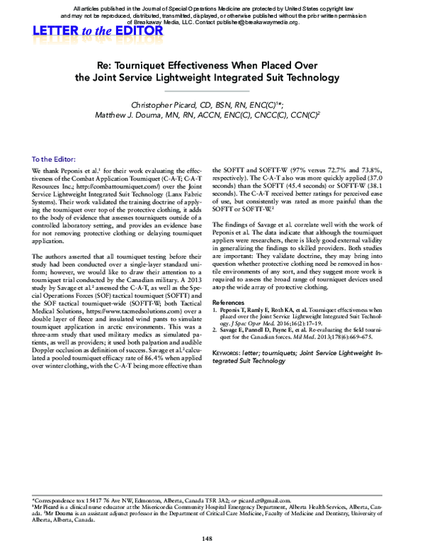 (PDF) Re: Tourniquet Effectiveness When Placed Over the Joint Service ...