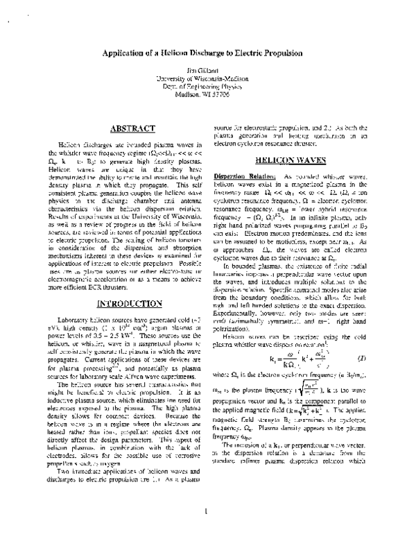 (PDF) Application of a helicon discharge to electric propulsion