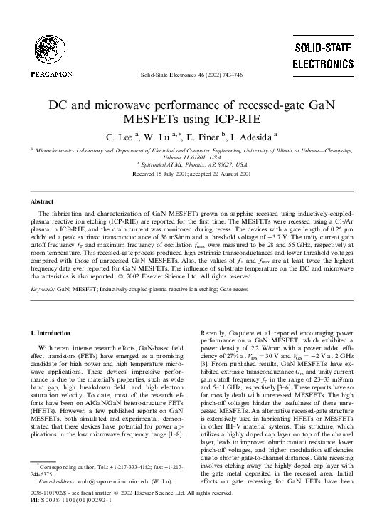 (PDF) DC and microwave performance of recessed-gate GaN MESFETs using ...