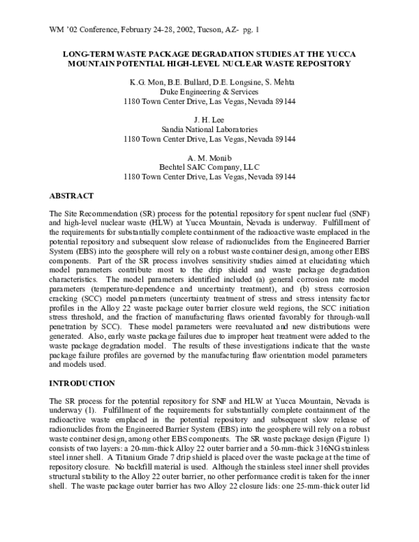 (PDF) Long-Term Waste Package Degradation Studies at the Yucca Mountain ...