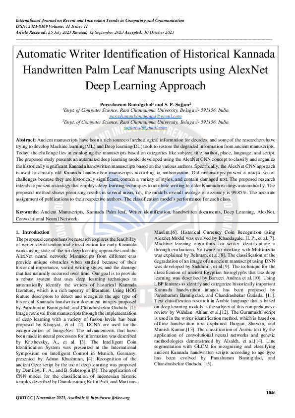 (PDF) Automatic Writer Identification of Historical Kannada Handwritten ...